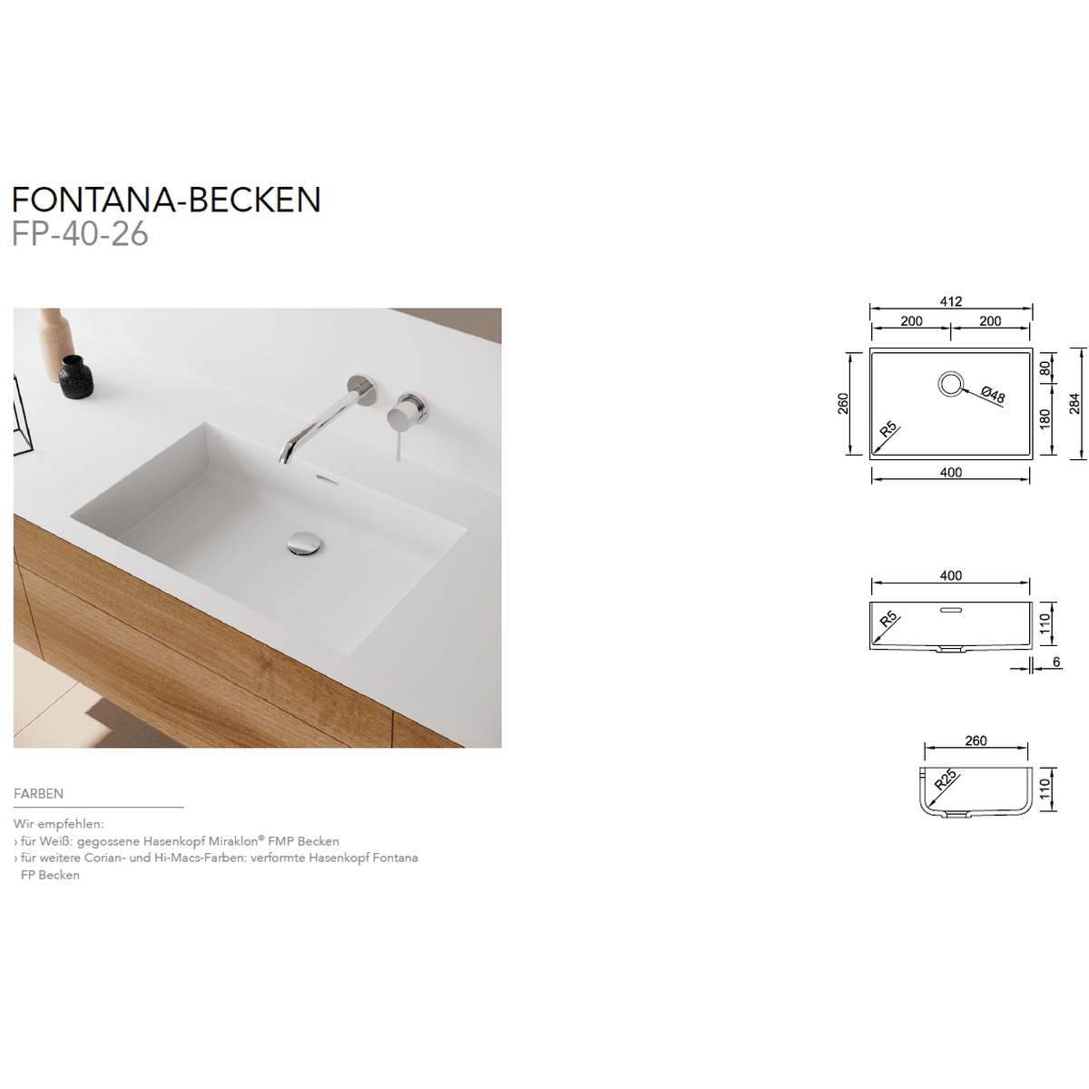 Corian bordplade med vask - Fontana FP40-26 - dybde 40,5cm – Bad&Design